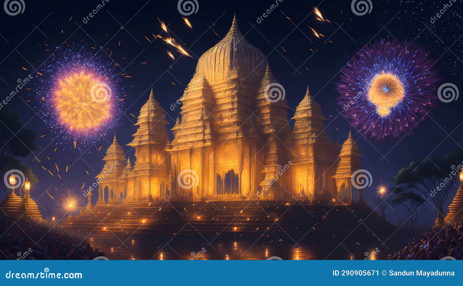 Deepavali Night: Temple and Fireworks Stock Illustration - Illustration ...