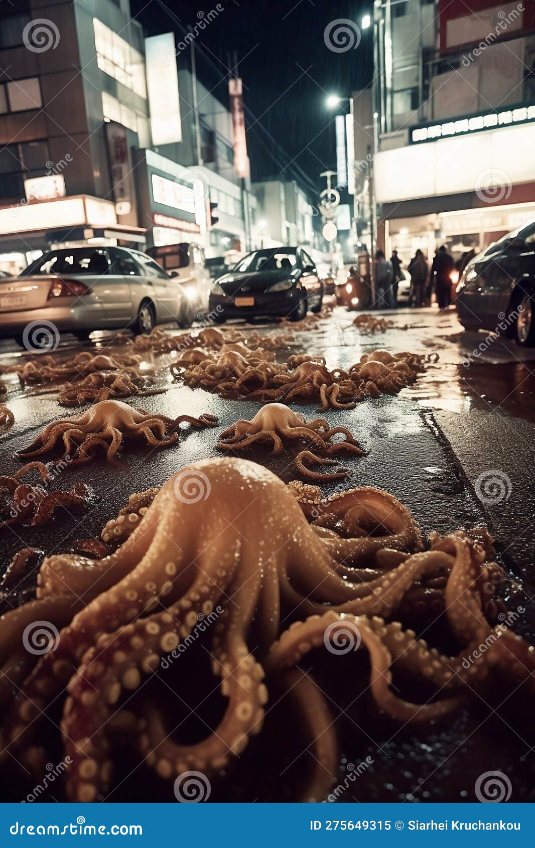 Deeply Flooded Street with Lots of Octopuses Stock Illustration ...
