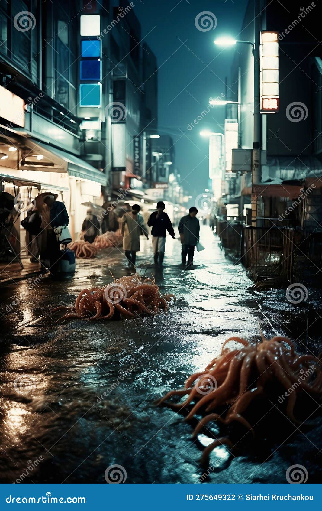 Deeply Flooded Street with Lots of Octopuses Stock Illustration ...