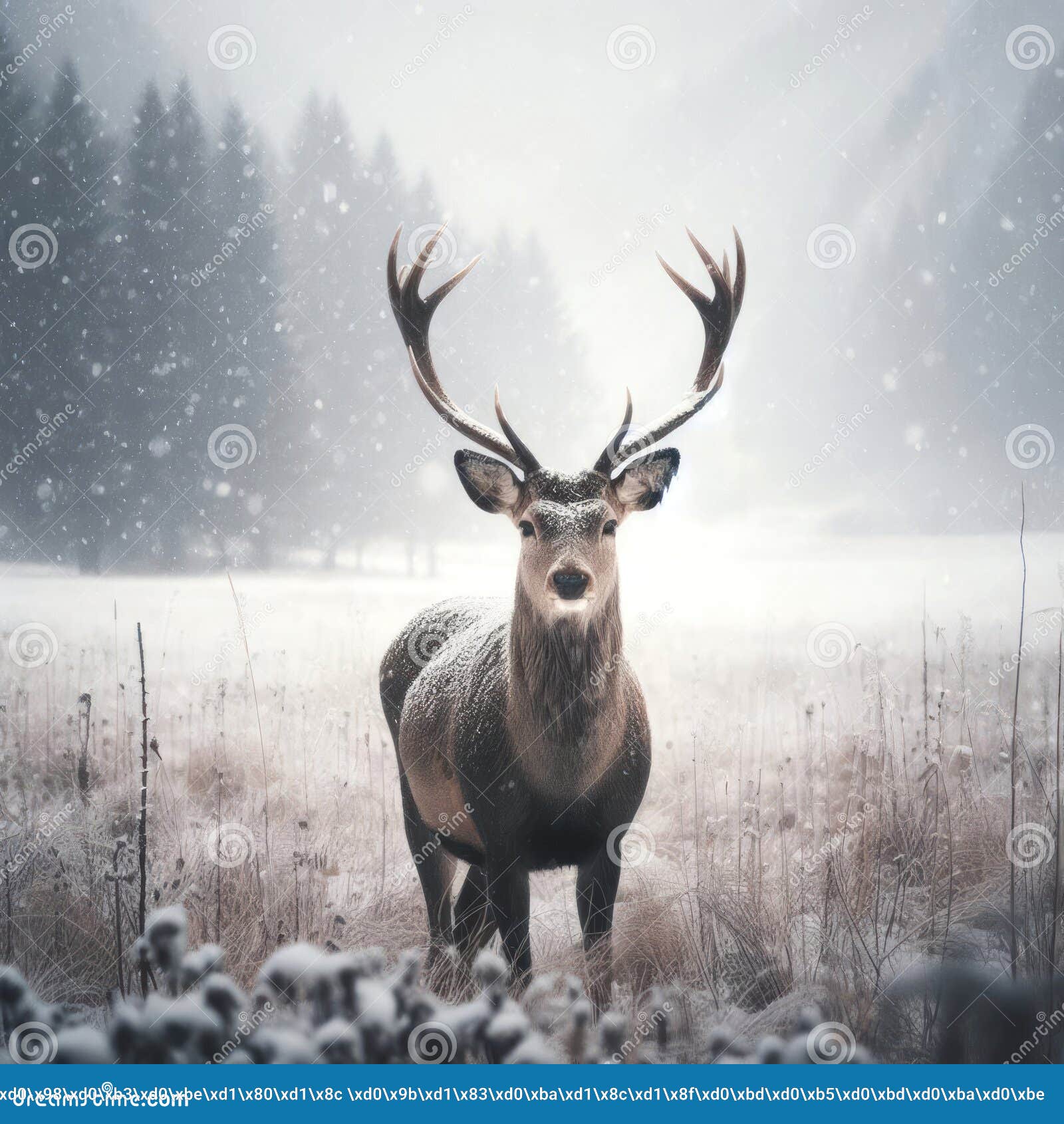 A Deer with Antlers Standing in a Snowy Field with Snow Falling on it ...