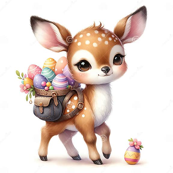 Deer with a Backpack and Easter Eggs. Watercolor Illustrations on a ...