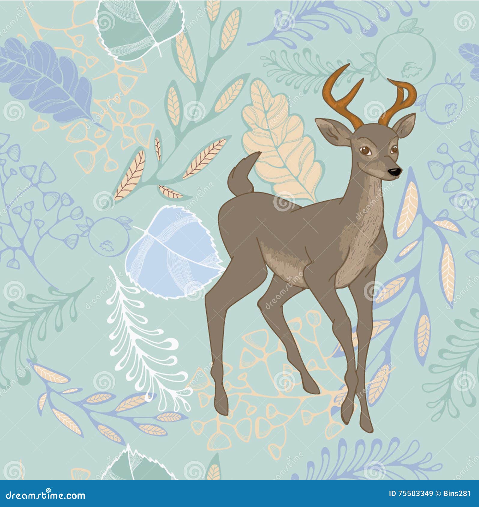 Deer on blue seamless stock vector. Illustration of textile - 75503349
