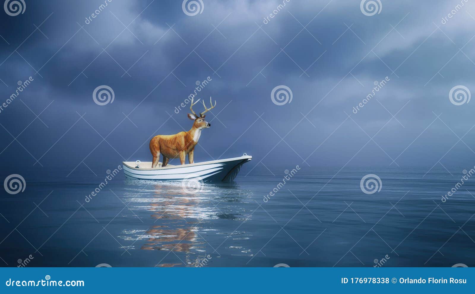 Deer Standing on a Boat in the Ocean Stock Illustration - Illustration ...