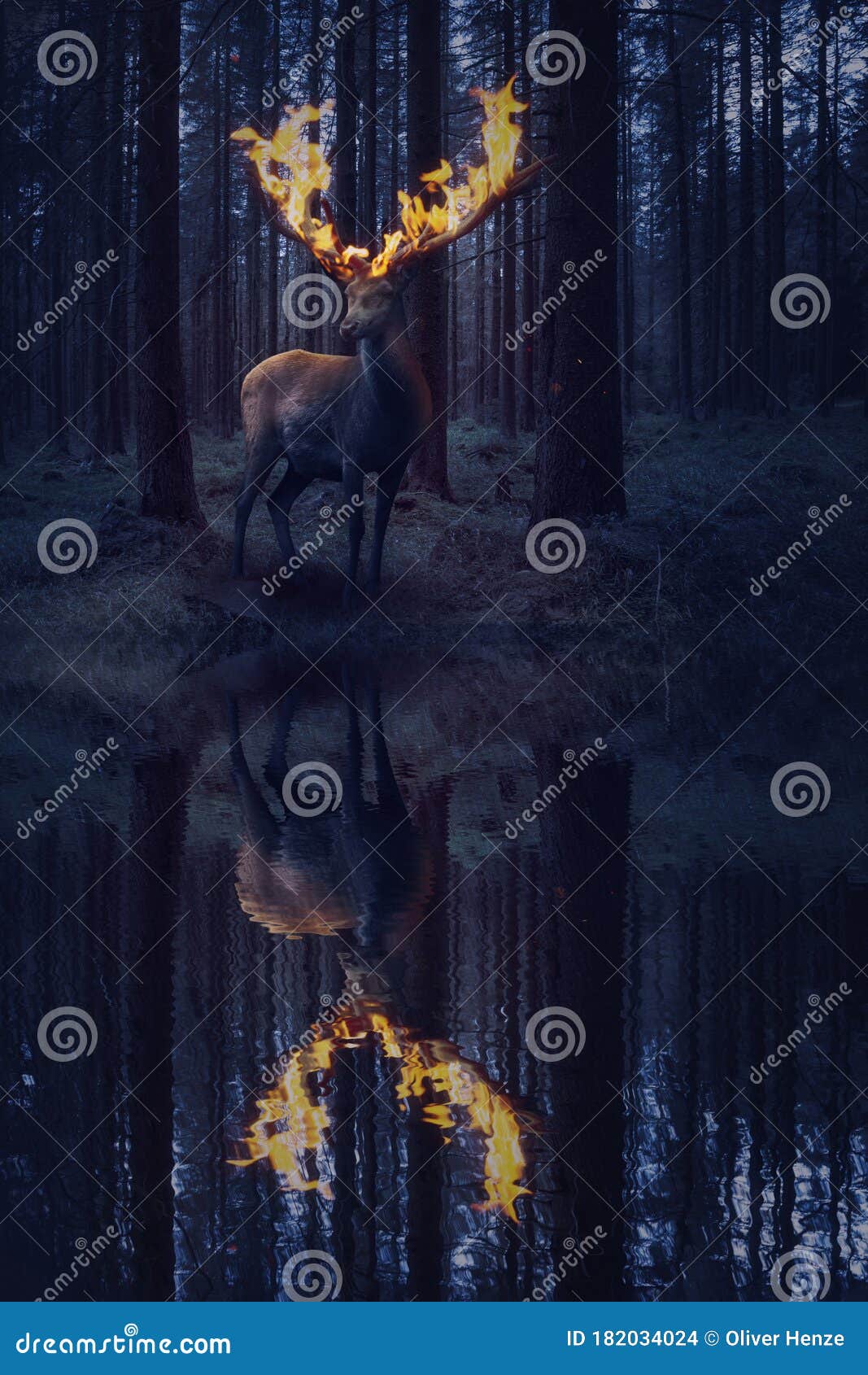 Deer with Fire Antlers in the Dark Forest Stock Photo - Image of ...