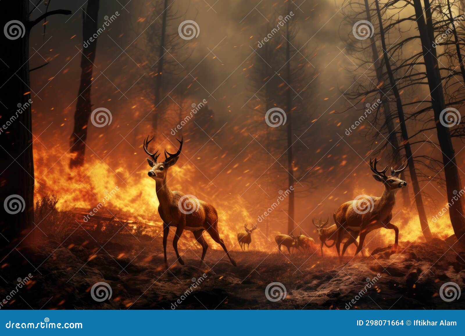 Deer in the Forest during a Fire. 3D Rendering, Animals Running from a ...