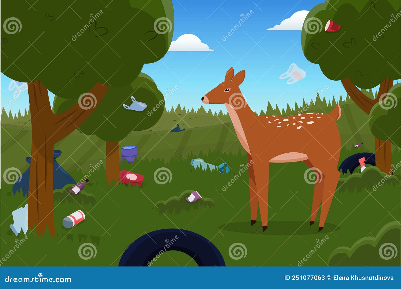 Deer in the Forest among the Garbage Left by People. Environmental ...