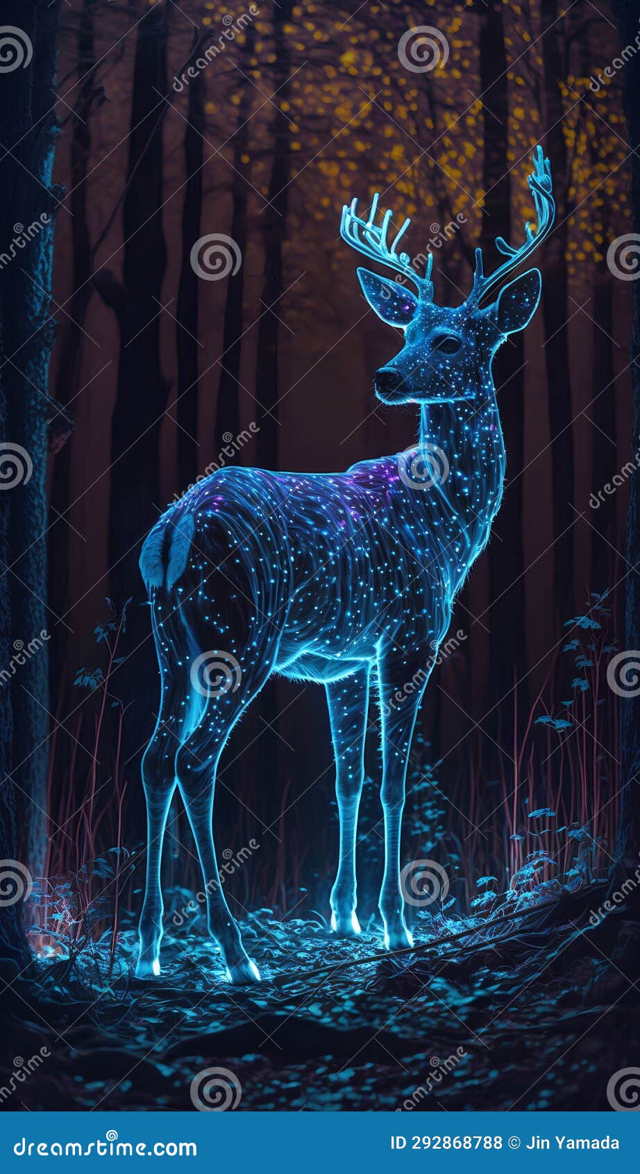Deer in the Forest at Night. 3D Rendering. Neon Lights Stock ...