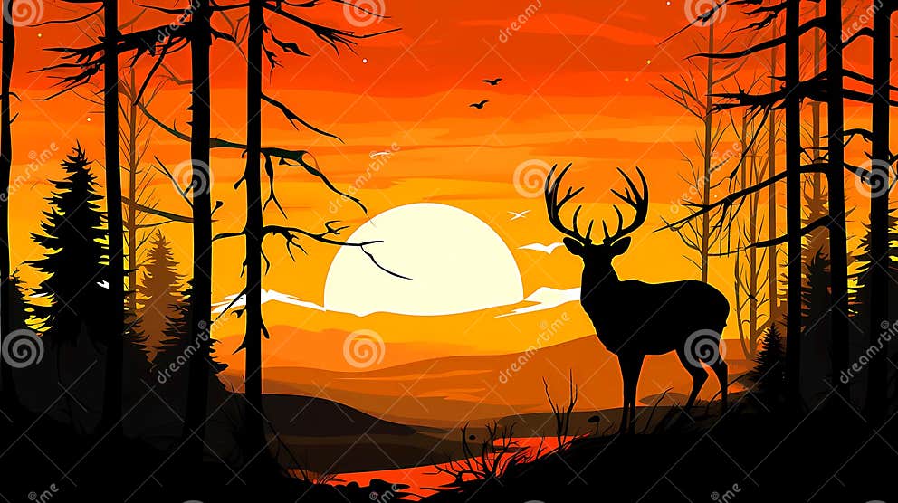 Deer in forest at sunset stock illustration. Illustration of deer ...