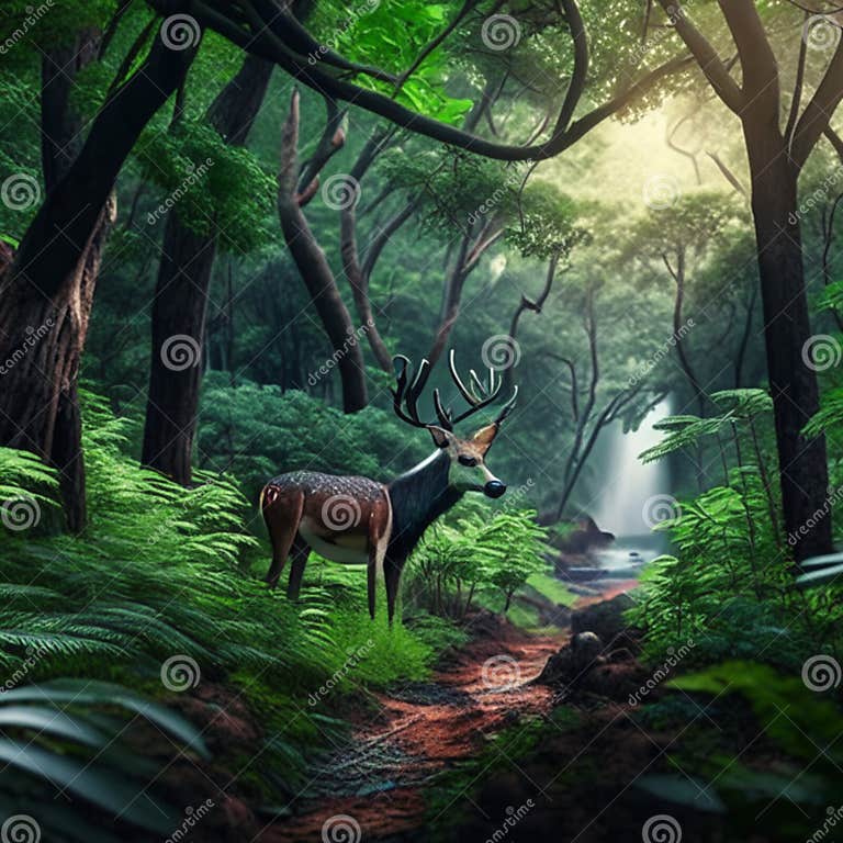 Deer in the Forest with a Waterfall in the Background. BANNER, LONG ...