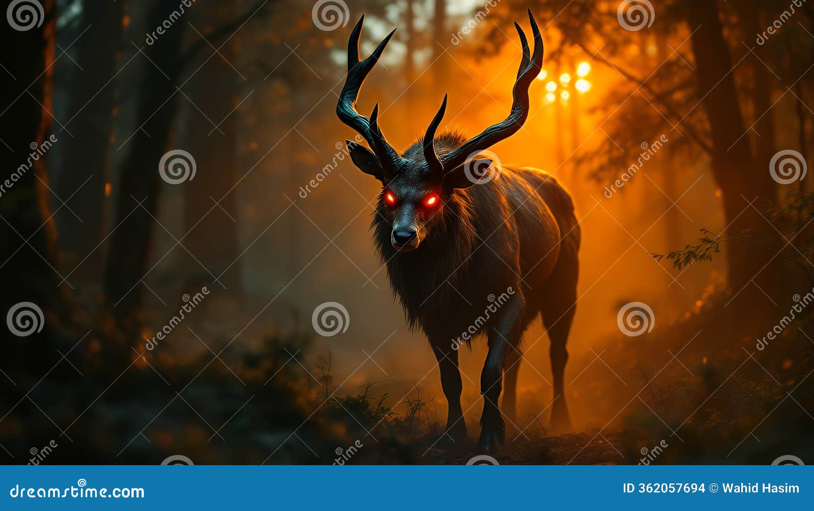 Deer with Glowing Eyes Walking in Forest with Mysterious Orange Light ...