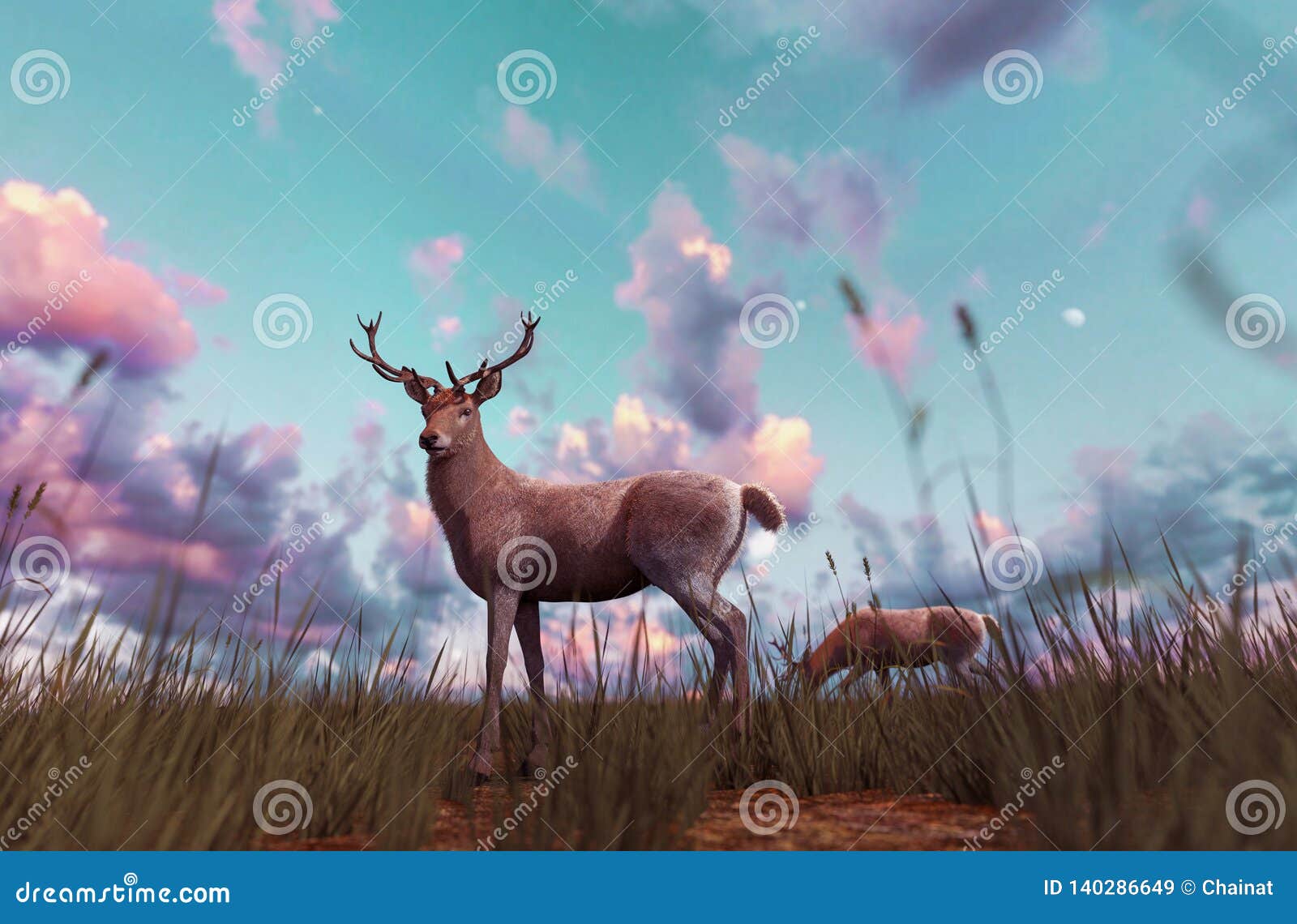 Deer in Grass Field at Sunset or Sunrise Stock Illustration ...