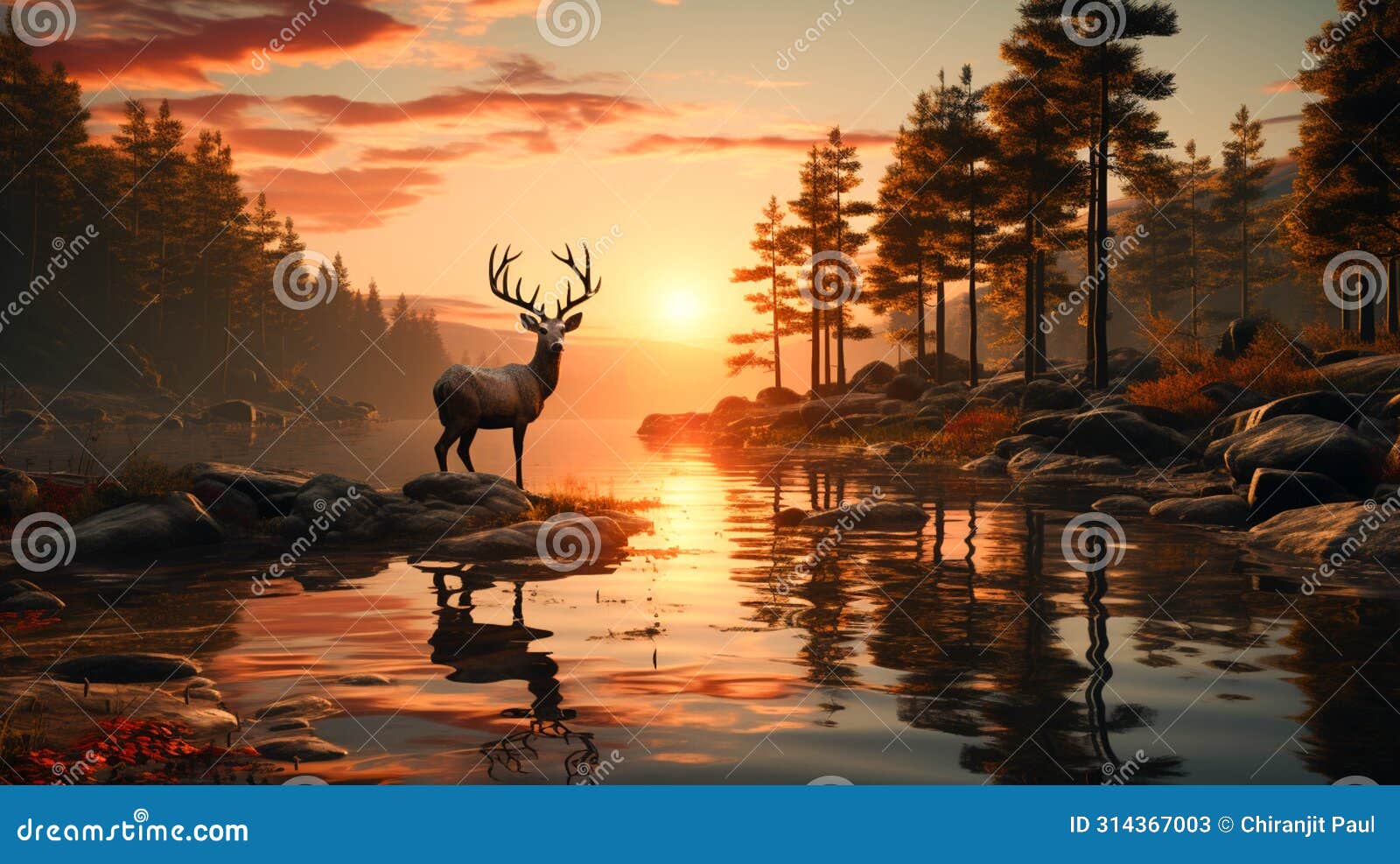 Deer Grazing Drinking Water Peacefully in Lake at Sunset Stock Image ...