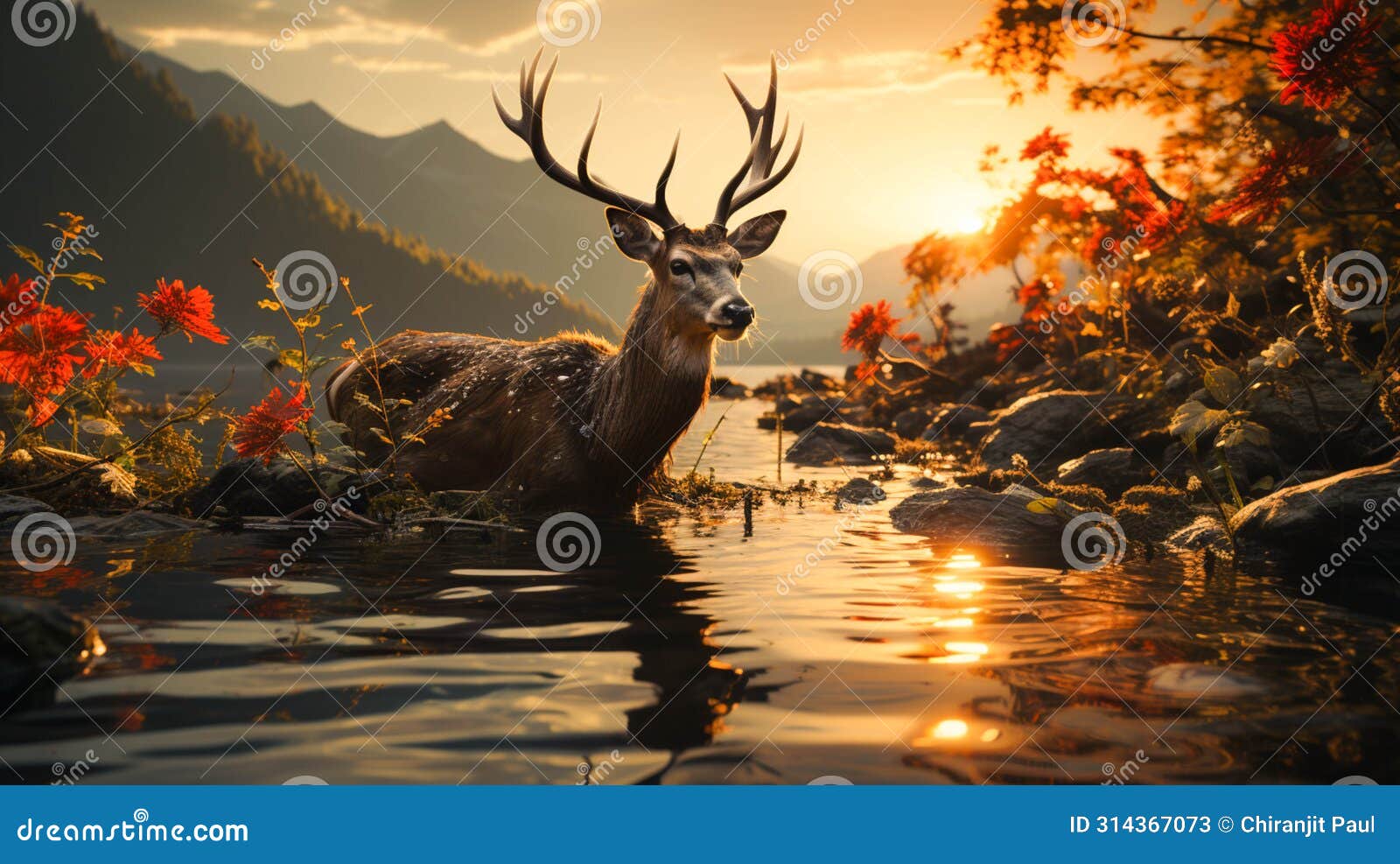 Deer Grazing Drinking Water Peacefully in Lake at Sunset Stock Image ...