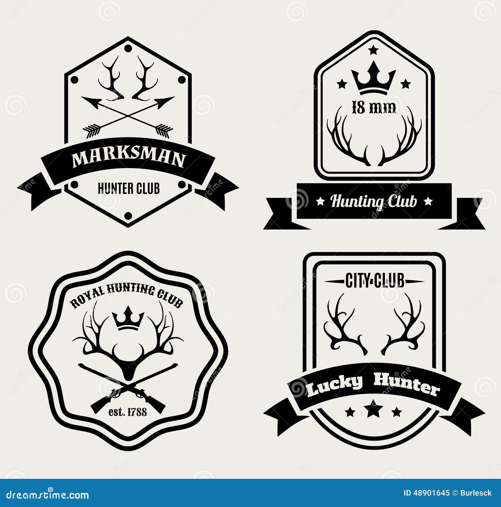 Hunting Badges Emblems Set Of Vector Illustrations. Hunters Club ...
