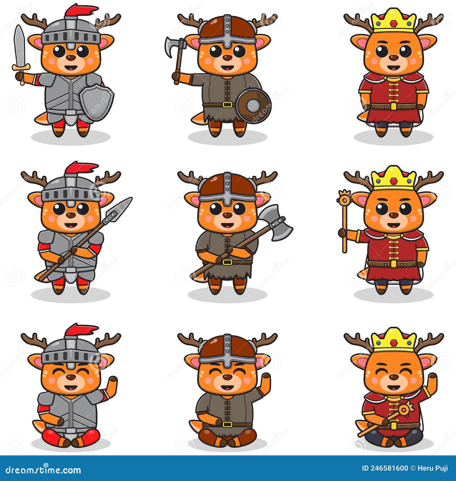 Vector Illustrations of Deer Characters in Various Medieval Outfits ...