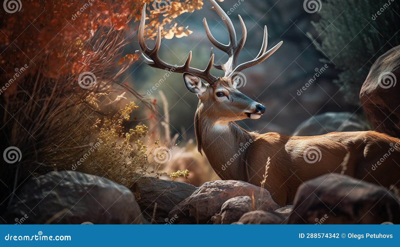 A Deer with Large Antlers Standing in a Forest with Rocks Stock Photo ...