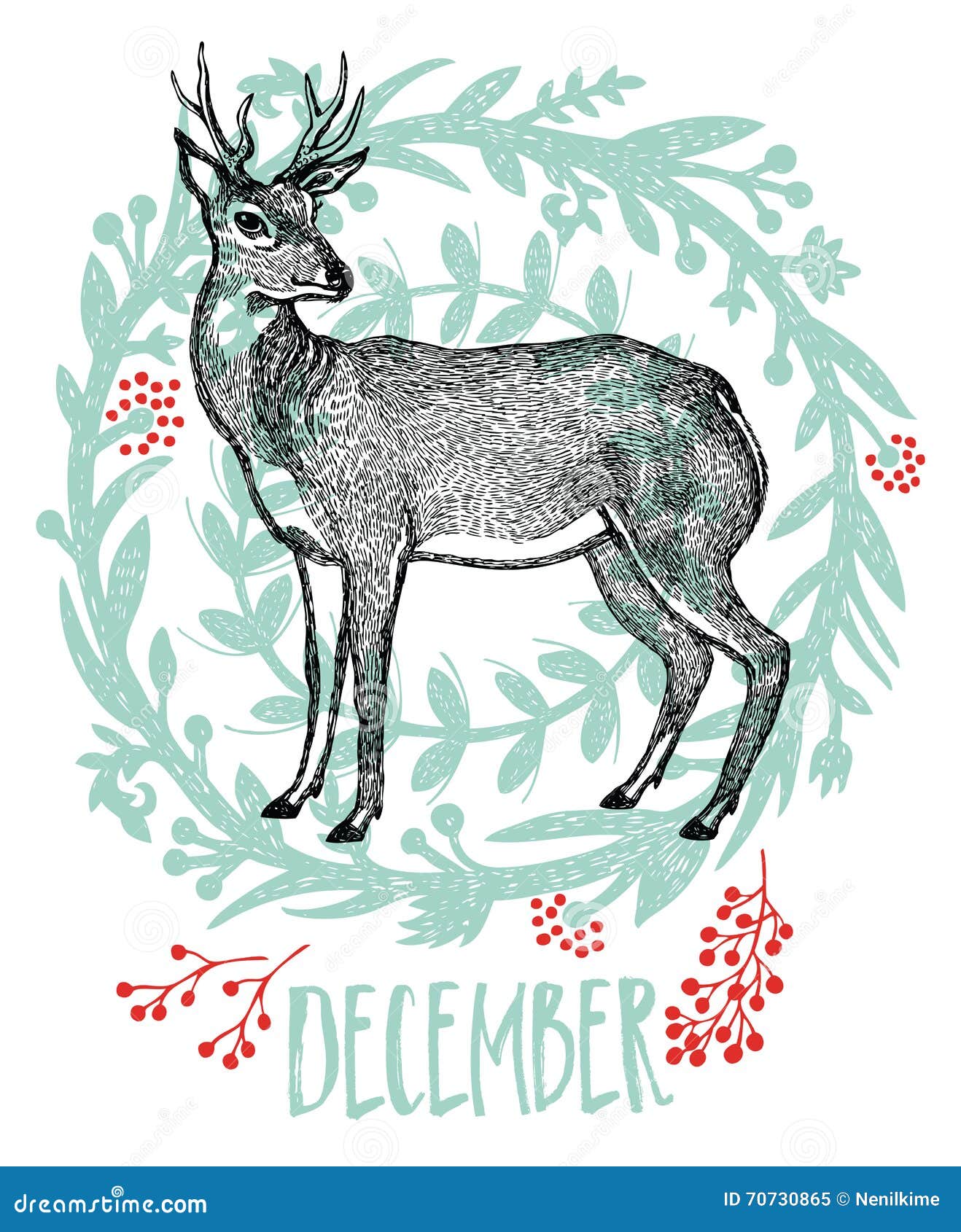 Deer Magical Winter Forest Sketch Style Stock Vector - Illustration of ...