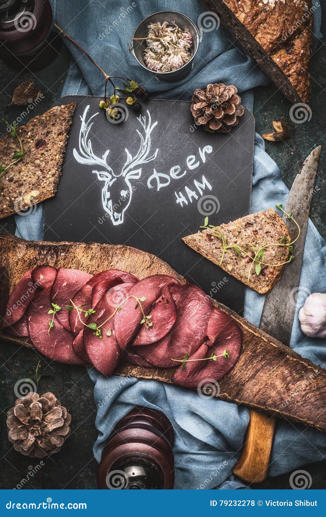 Deer Meat Ham with Bread Served on Bark of Tree Stock Photo - Image of ...