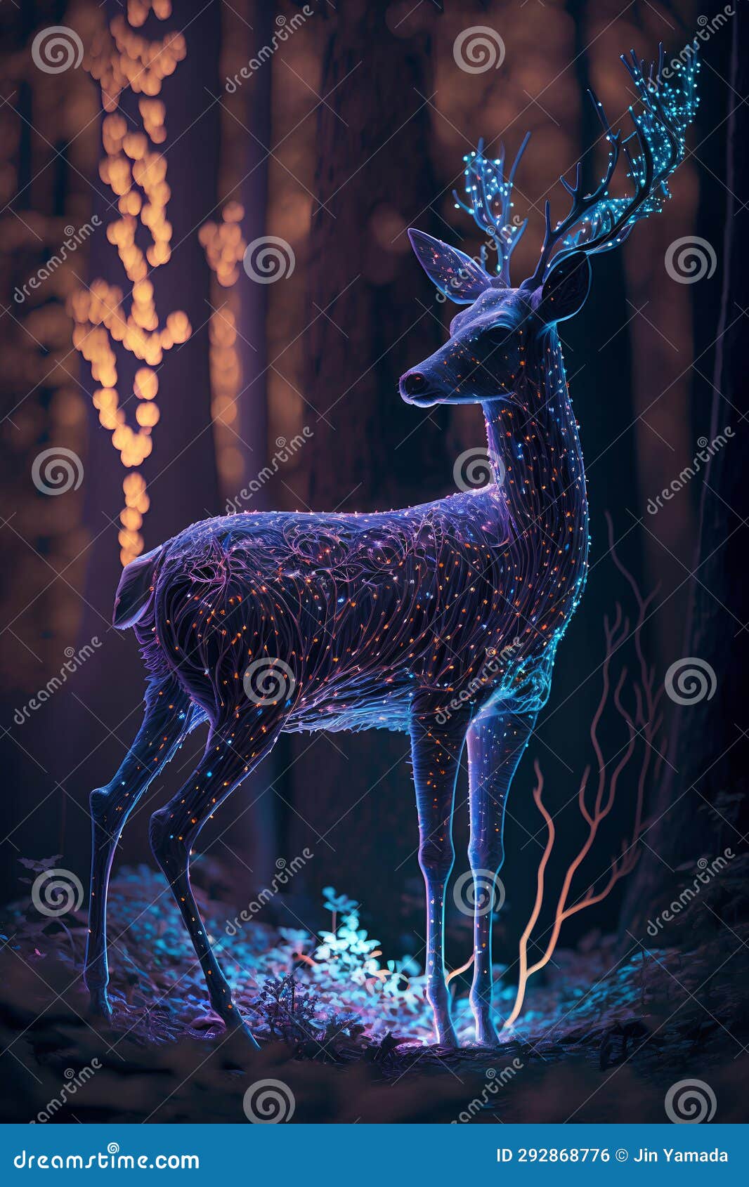 Deer in the Night Forest with Neon Lights. 3d Rendering Stock ...