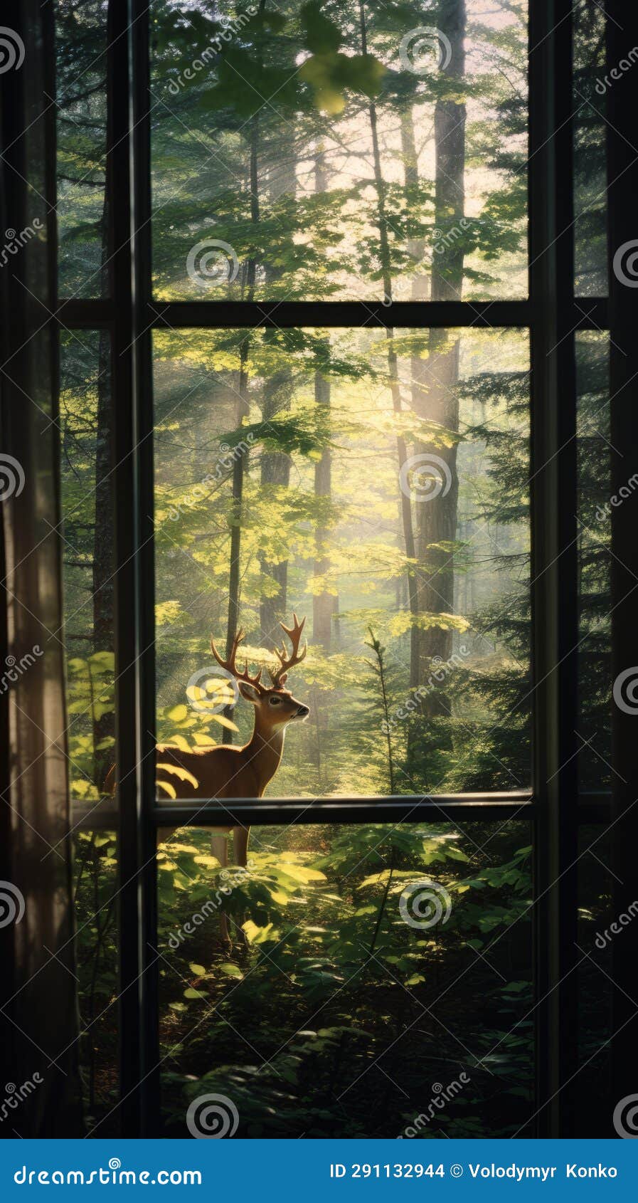 A Deer Peering through a Window Amidst the Lush Greenery of the Forest ...
