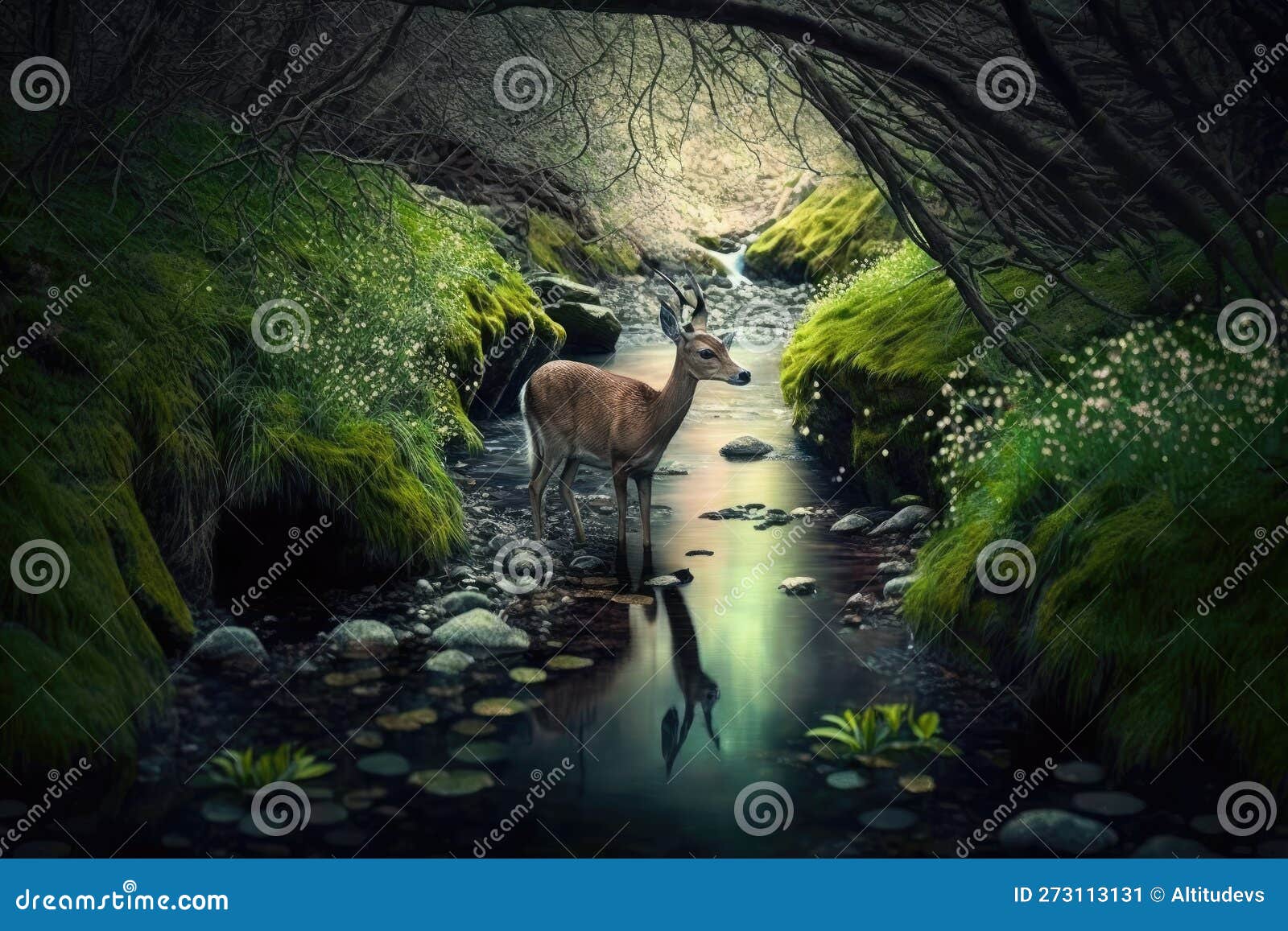 A Deer Quietly Drinking from a Stream, Surrounded by the Natural Beauty ...
