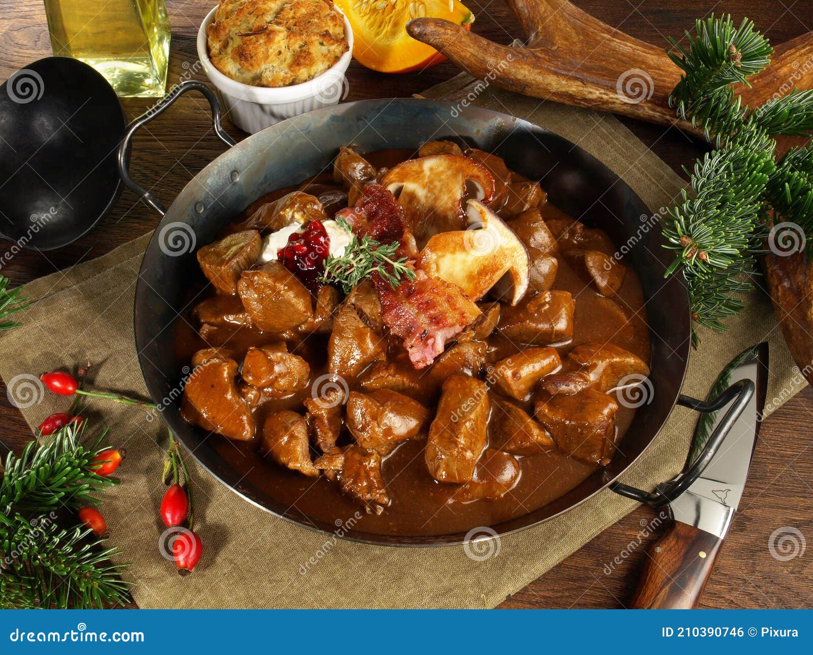 Deer Ragout with Mushrooms in a Pan - Wild Game Meat Stock Photo ...