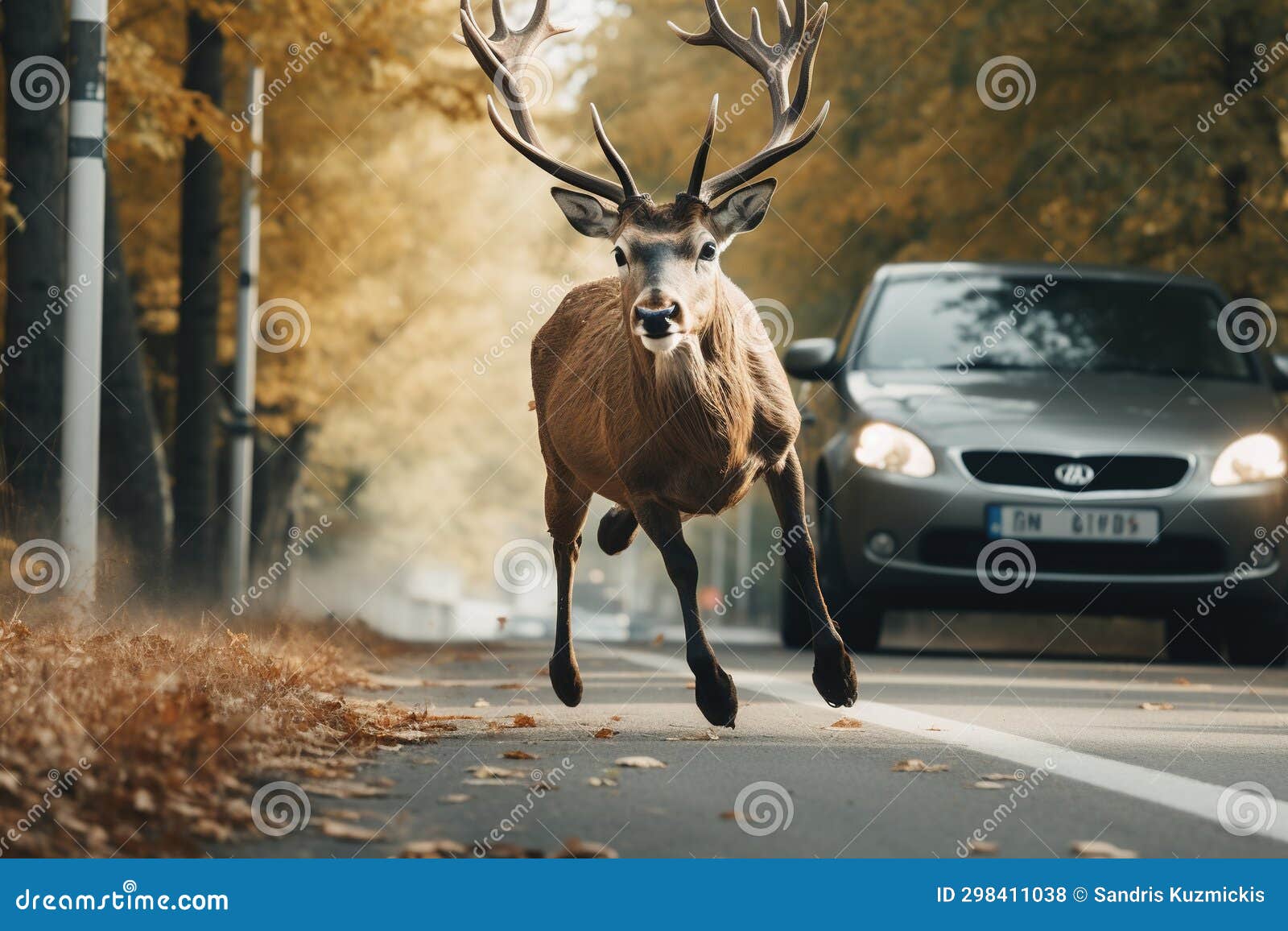 Deer Running in Front of Moving Car. Generative AI Stock Photo - Image ...