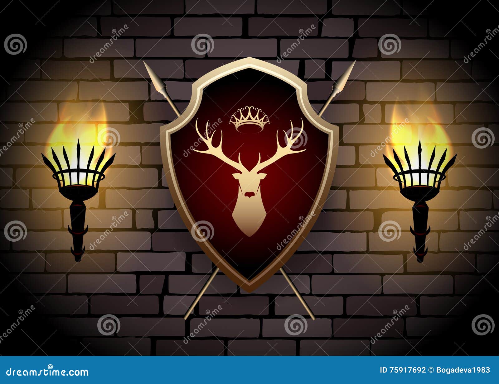 Deer Shield with Torches on the Wall Stock Vector - Illustration of ...