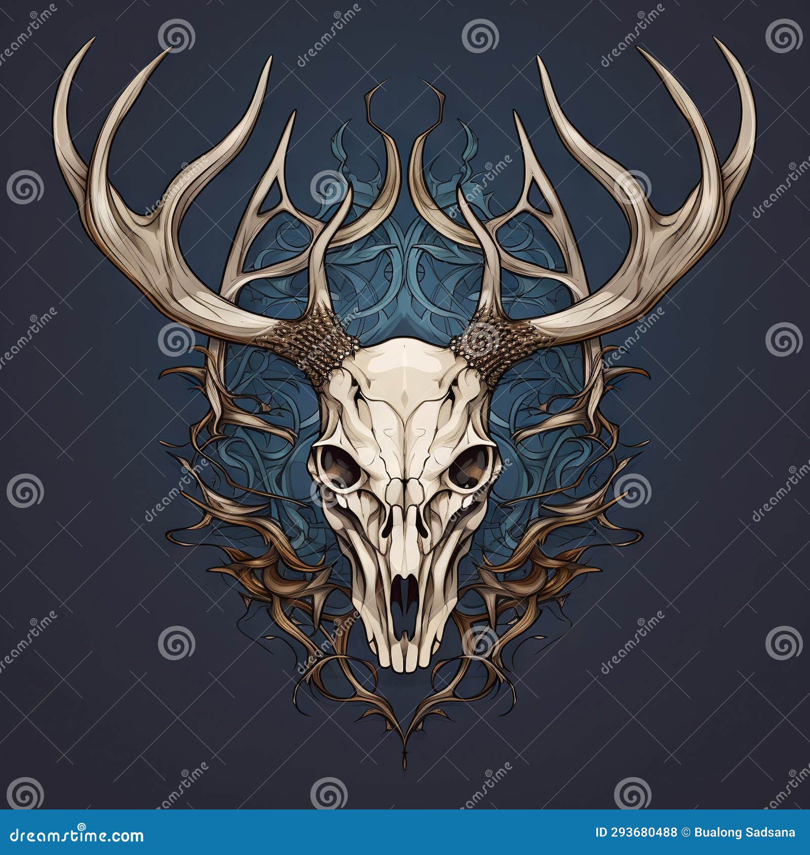 Deer Skull Tattoo Sketch With Roses And Leafes Vintage Neo Traditional ...