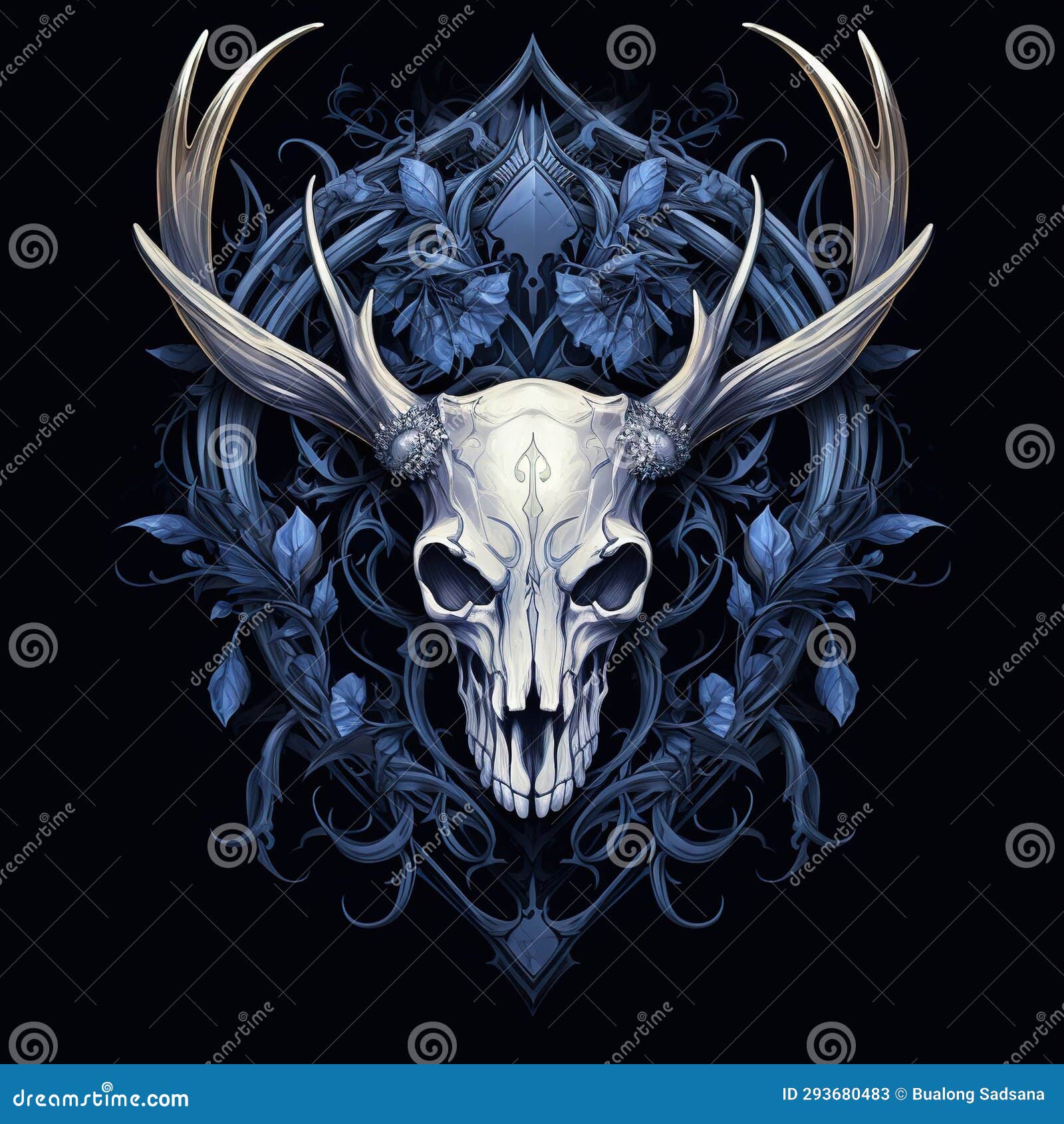 Deer Skull Tattoo Sketch With Roses And Leafes Vintage Neo Traditional ...