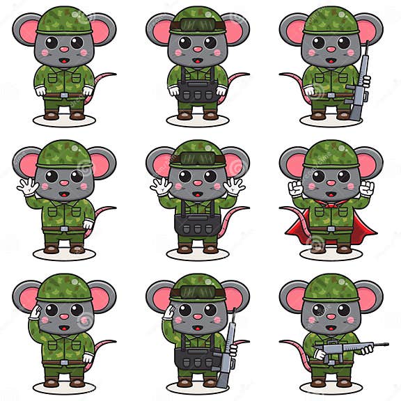 Cartoon Funny Mouse Soldier Set Stock Vector - Illustration of children ...