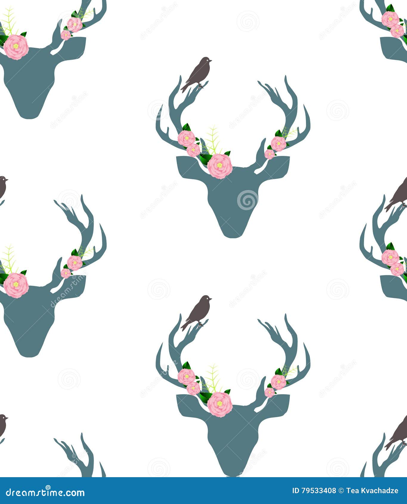 Deer,stag Flower and Bird Seamless Pattern Stock Vector - Illustration ...