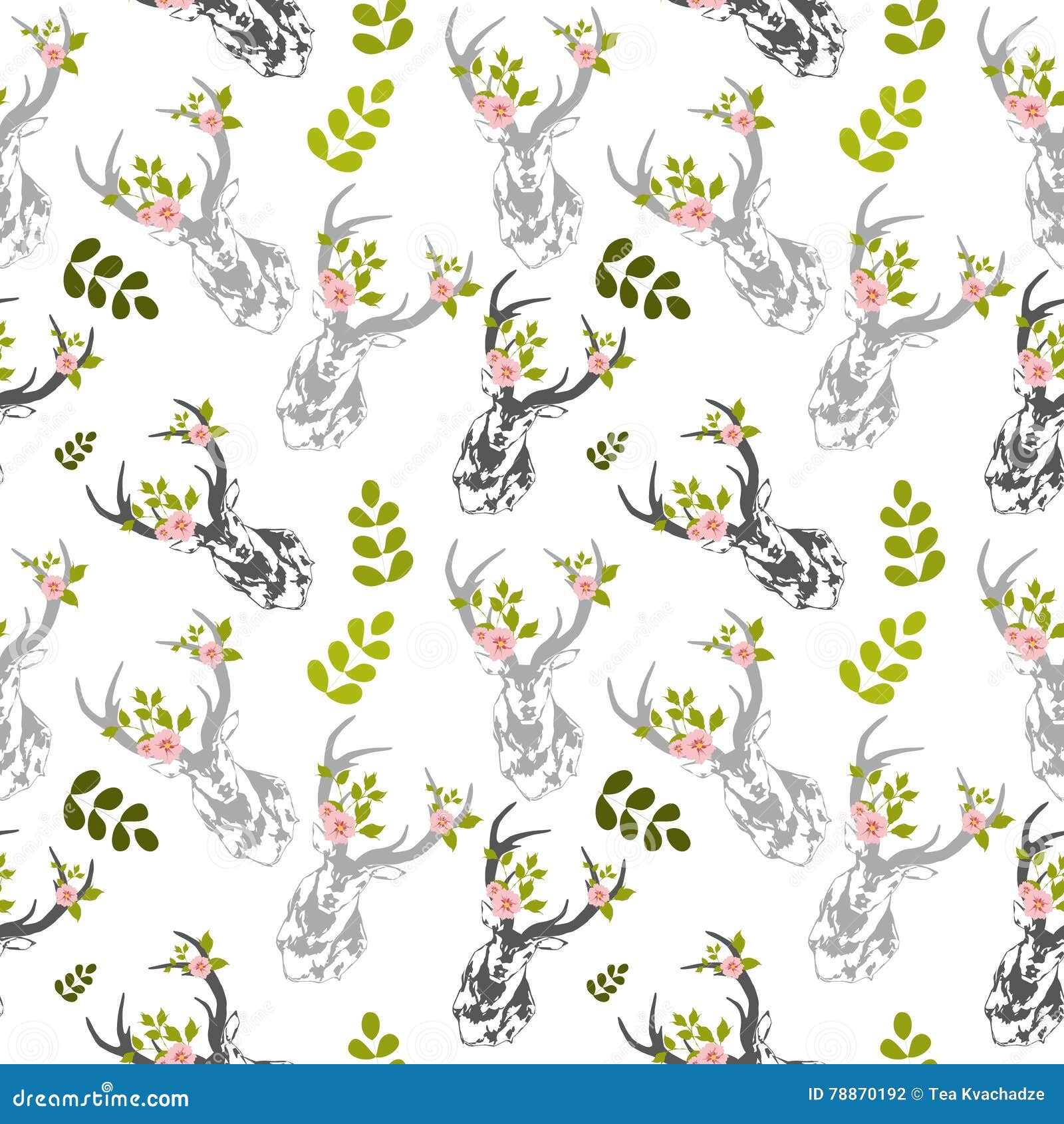 Deer,stag Flower Leaves Seamless Pattern Stock Illustration ...