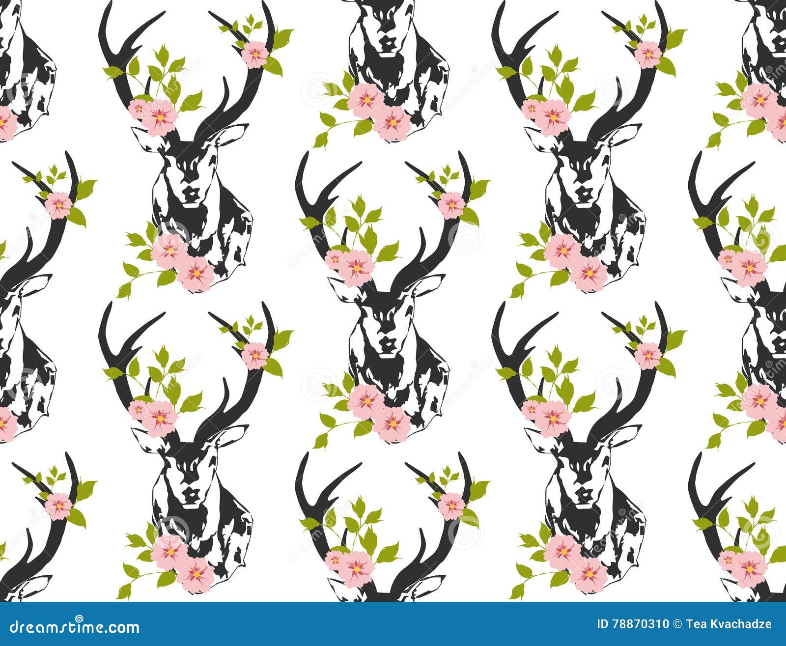 Deer, Stag Flower Leaves Seamless Pattern Stock Vector - Illustration ...