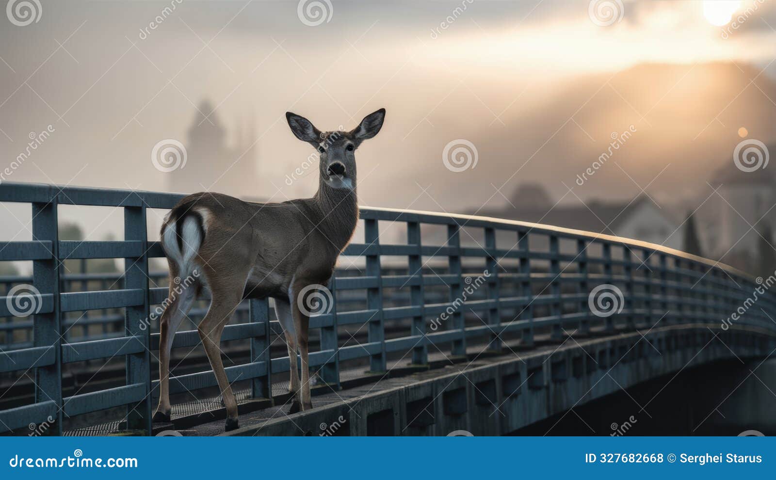 A Deer Standing on a Bridge with the Sun Setting in Front of it, AI ...