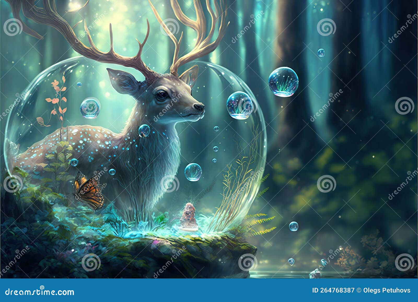 A Deer is Standing in a Bubble Filled Forest with Bubbles Floating ...