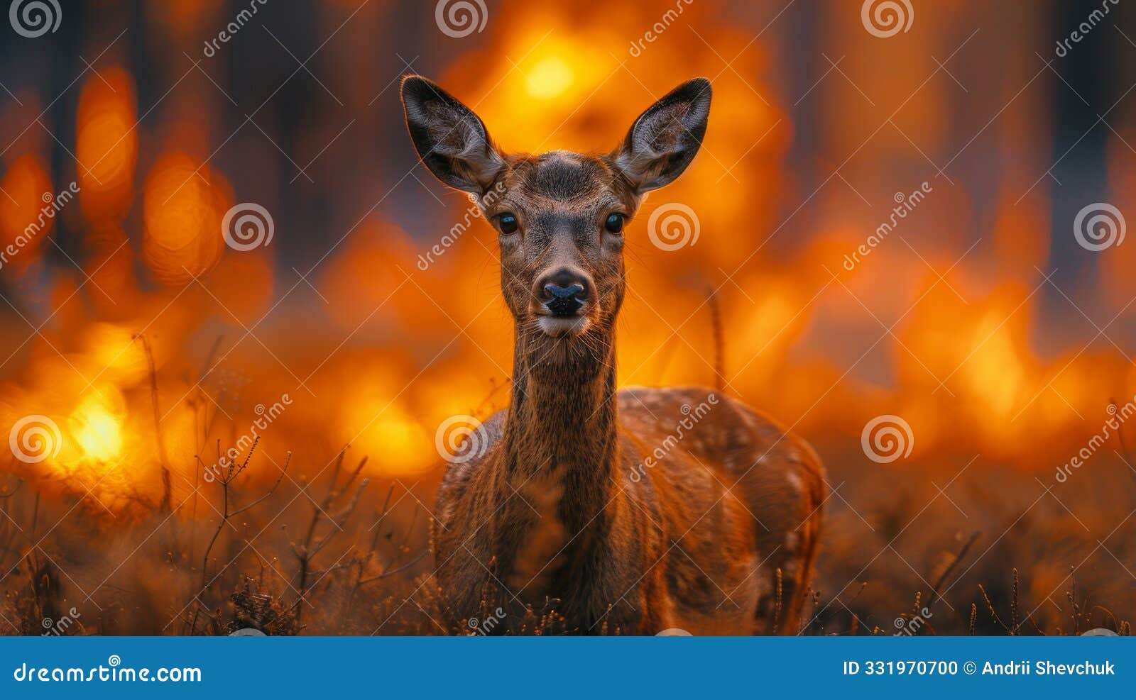 Deer Standing among Forest Fire with Flames in the Background Stock ...