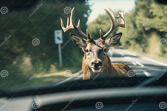 Deer Running in Front of Moving Car. Generative AI Stock Image - Image ...