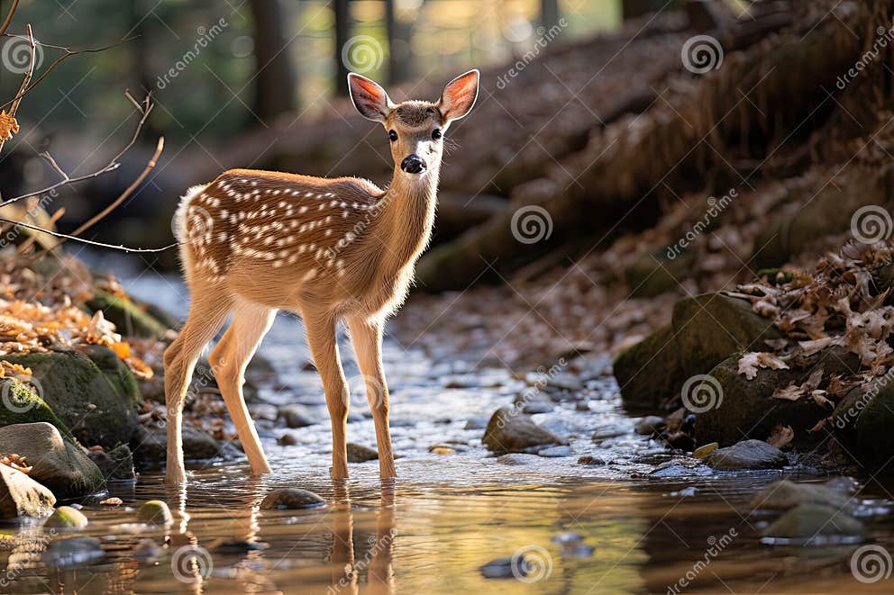 A Deer Standing in a Stream Stock Illustration - Illustration of fawn ...