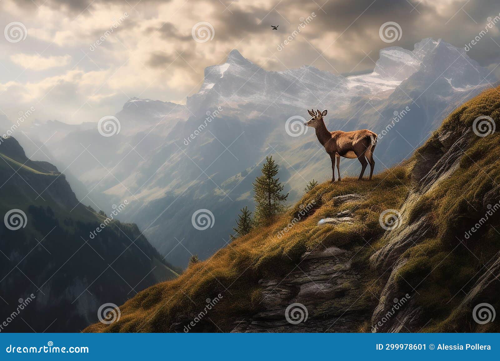 A Deer Stands on a Cliff with a Beautiful Mountain Landscape Stock ...