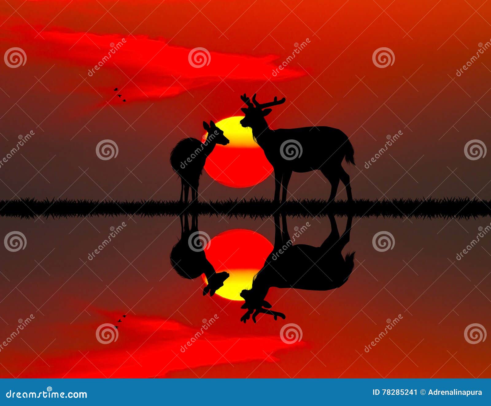 Deer at sunset on river stock illustration. Illustration of river ...