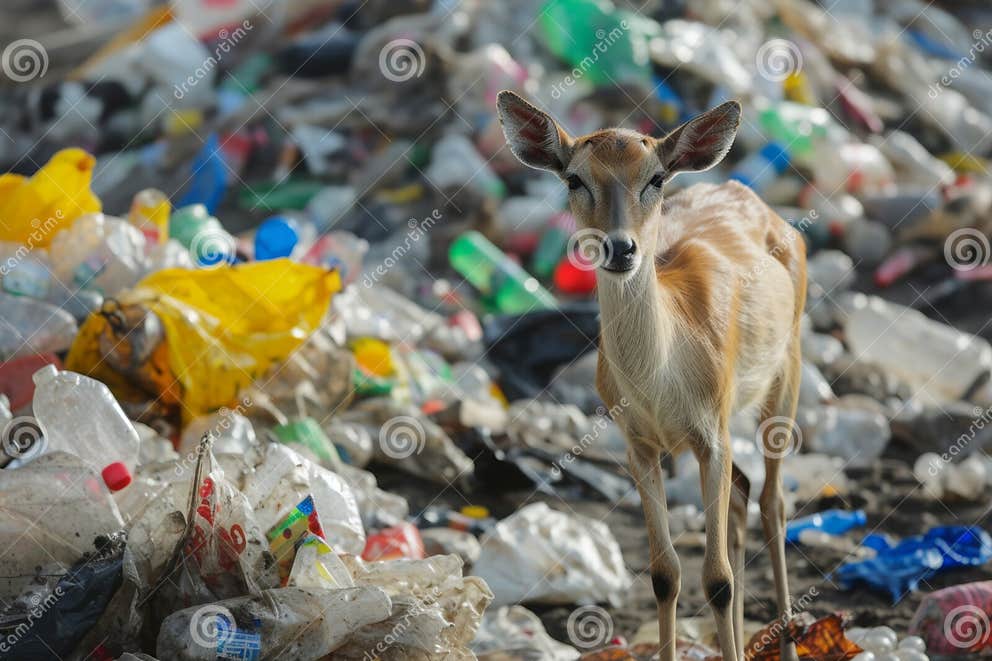 Deer among trash stock photo. Image of animal, bottle - 306601558
