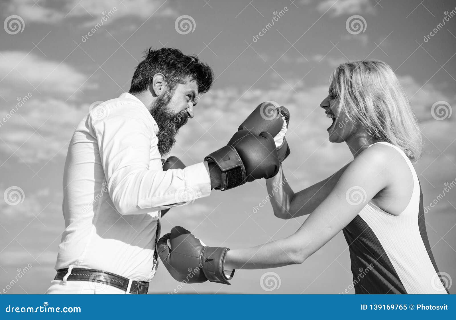 Relations As Struggle Concept Man And Woman Fight Boxing Gloves Blue