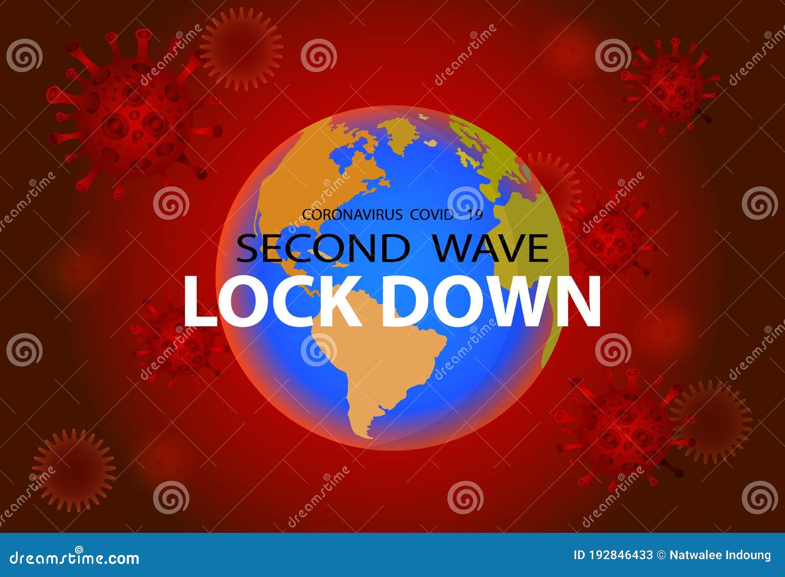Second Wave Lock Down Lettering on World Map and Coronavirus Background ...