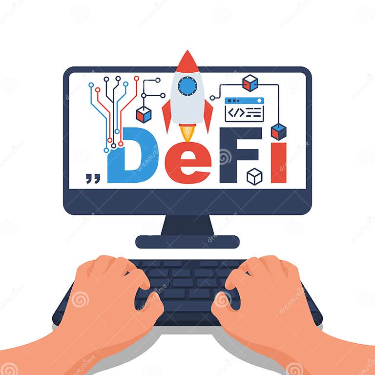 Defi Concept. Developer with Laptop Working on a Project. Vector Stock ...