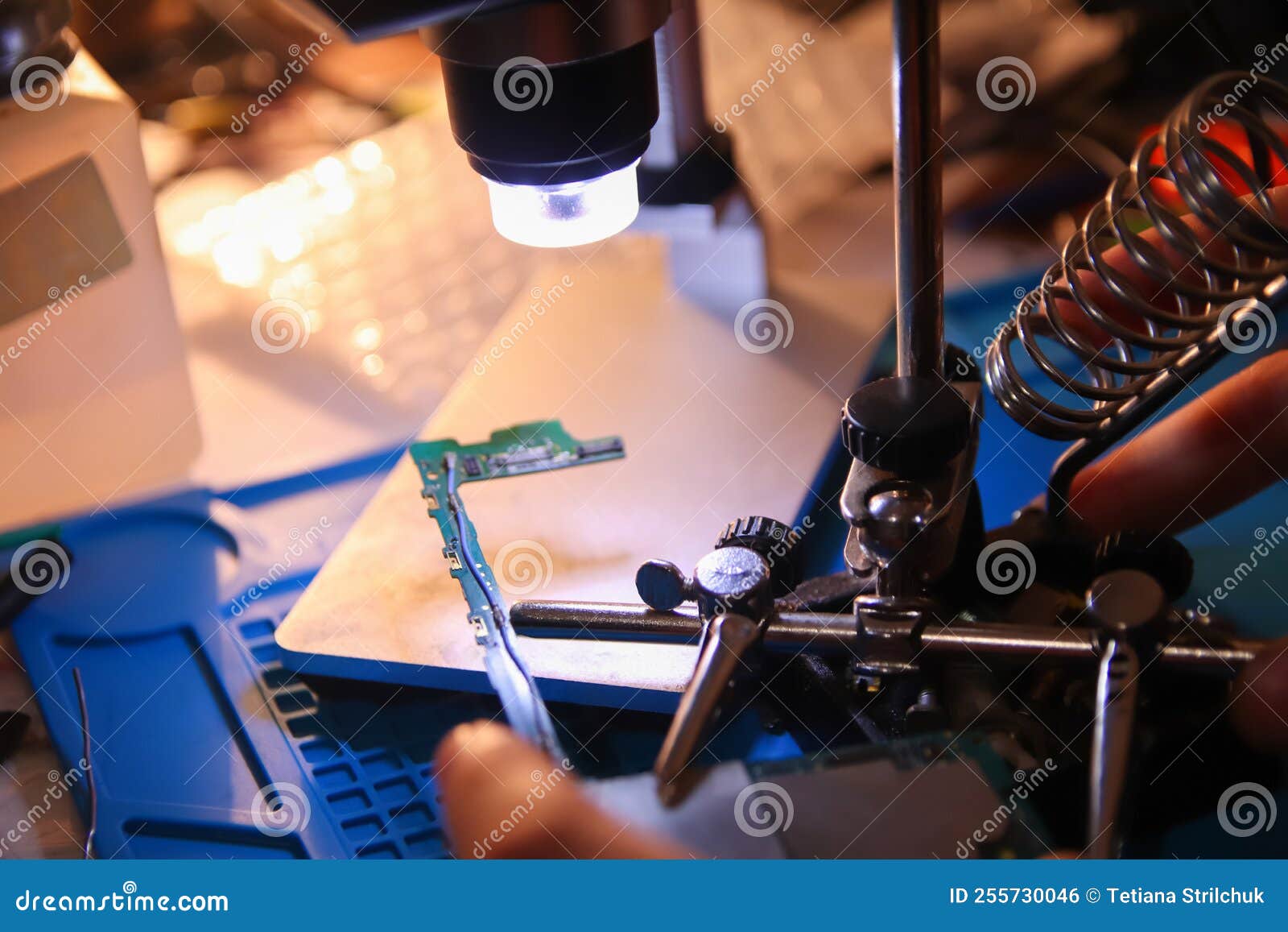 Defocus Closeup Microscope. Work with a Soldering Iron ...