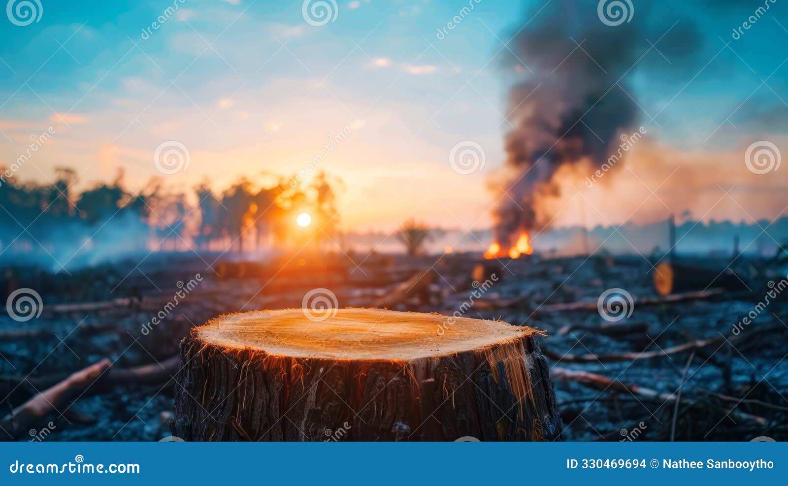Deforestation Aftermath With Tree Stump And Burning Forest Stock ...