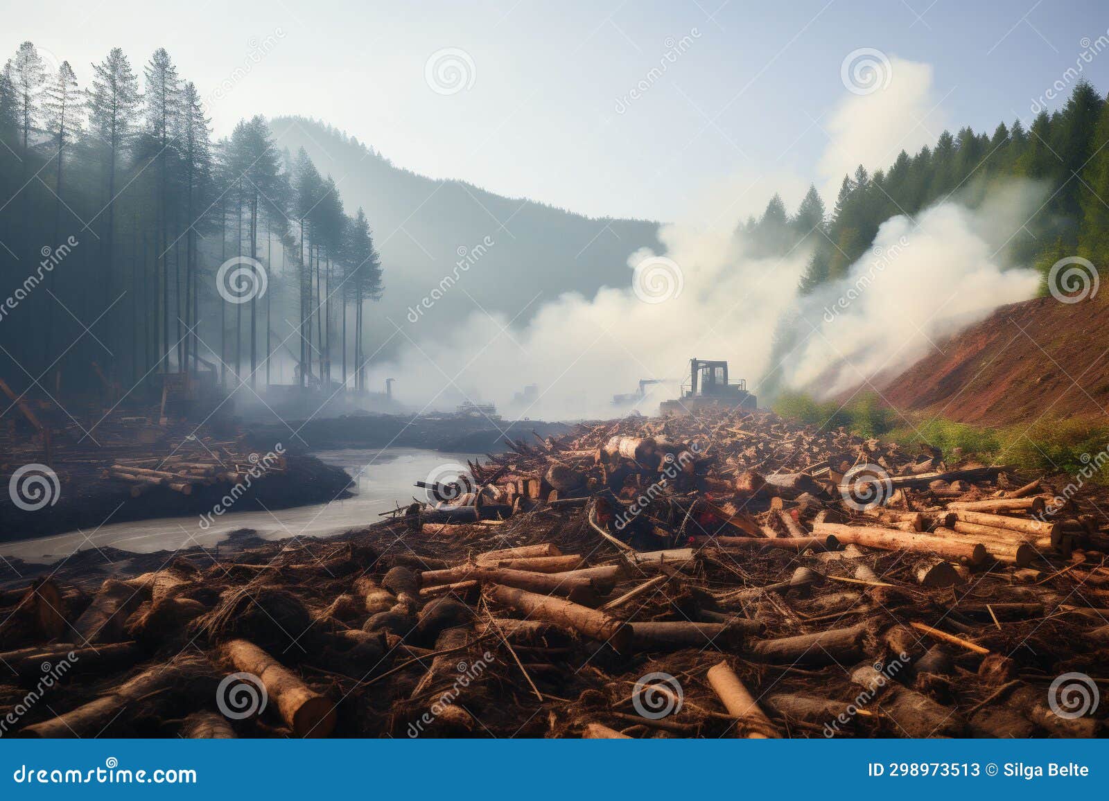 A Deforestation Area with Lots of Logs on the Ground, a River, Tractor ...