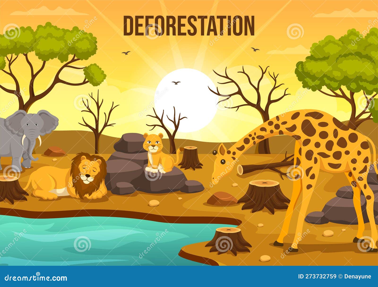Deforestation Illustration with Tree in the Felled Forest and Burning ...