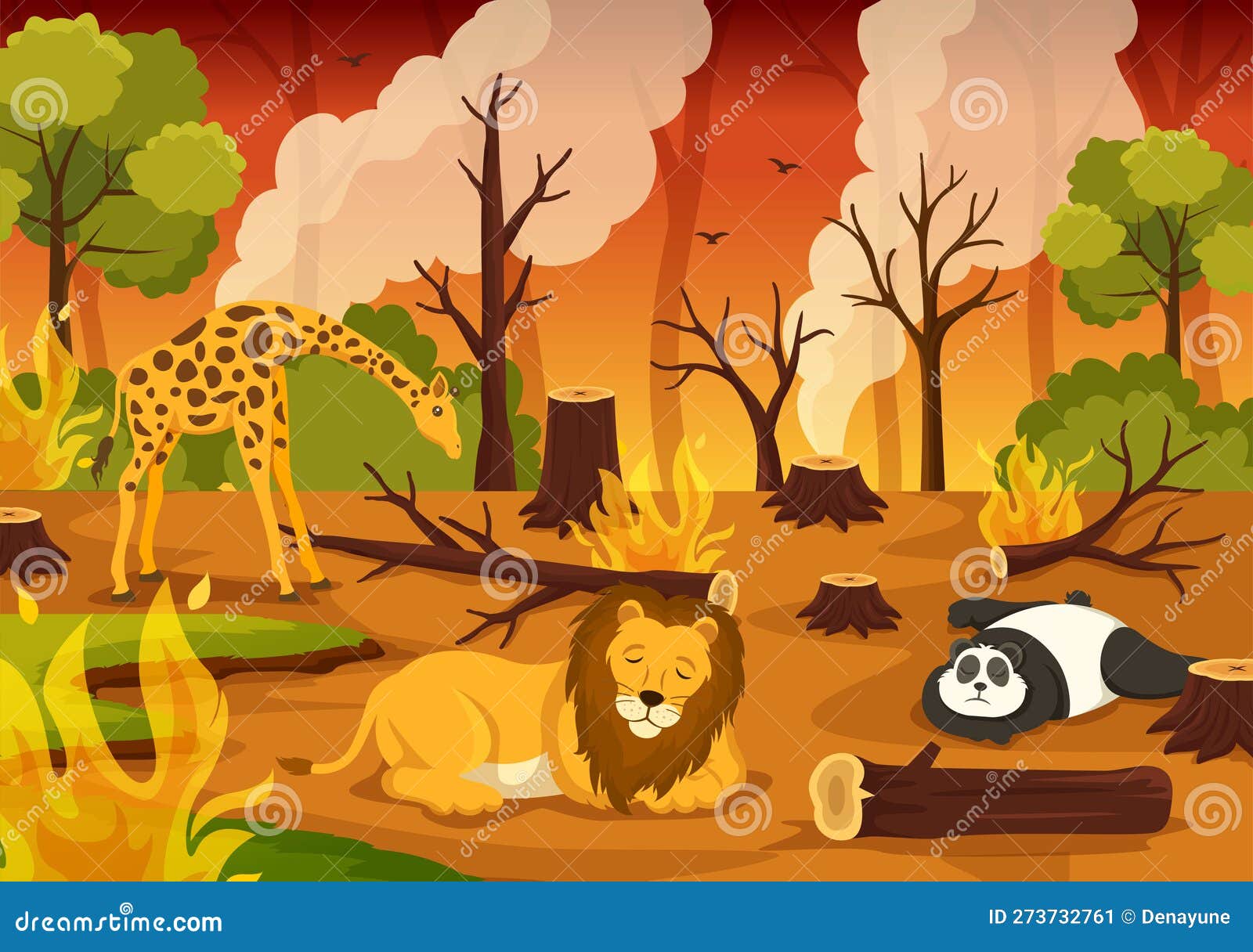 Deforestation Illustration With Tree In The Felled Forest And Burning ...